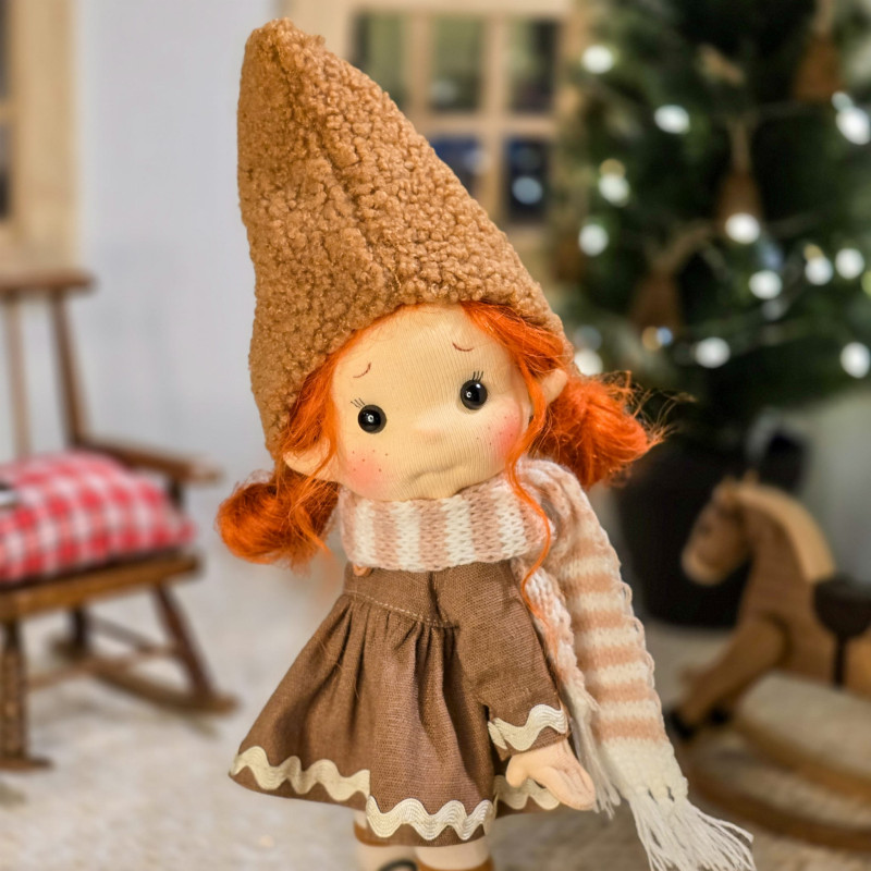 Small Articulated Elf Caramel Organic Cotton Doll - Art and Doll